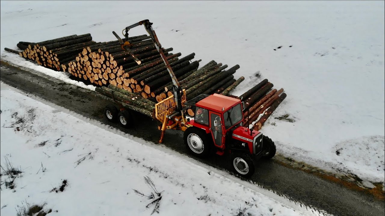 Unloading timber with Massey Ferguson 250 and forest trailer - YouTube