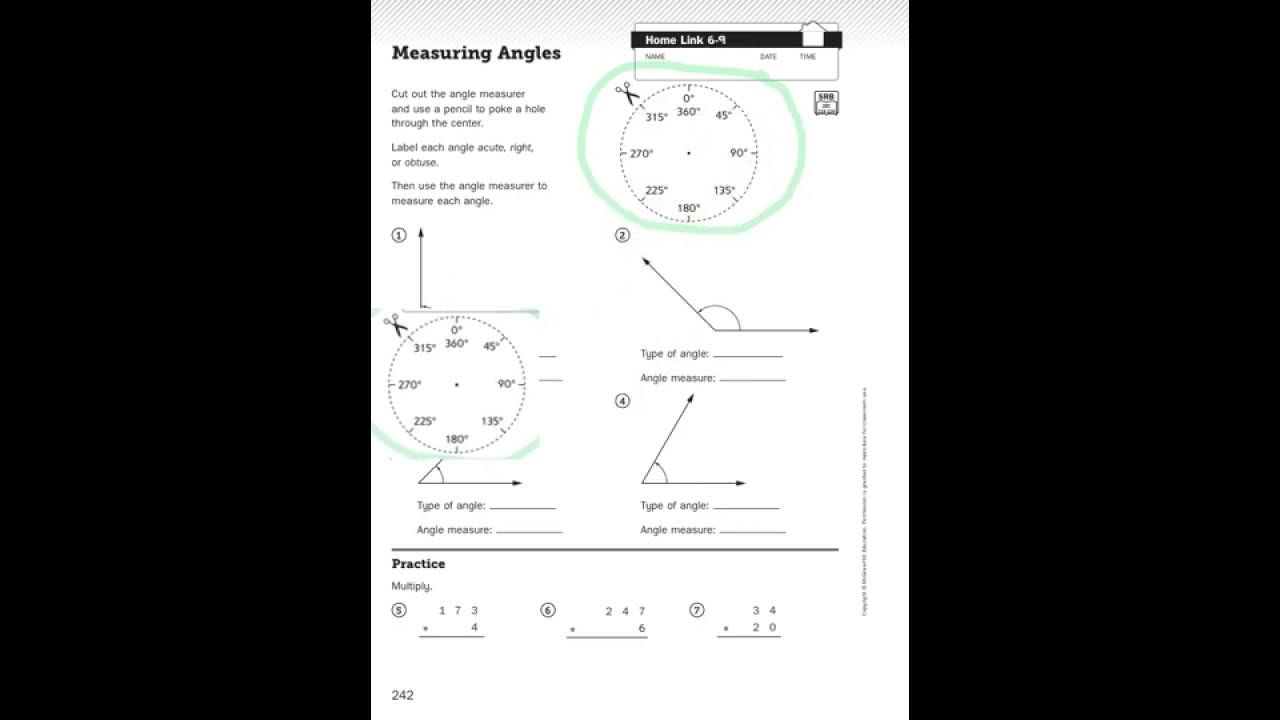 Everyday Math, 4th Grade, Home Links 6.9 "Measure Angles" page 177 ...