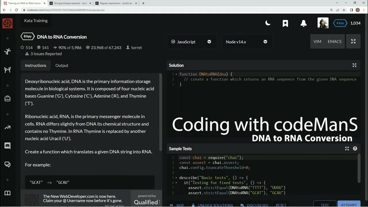 Codewars 8 Kyu Dna To Rna Conversion Javascript Youtube