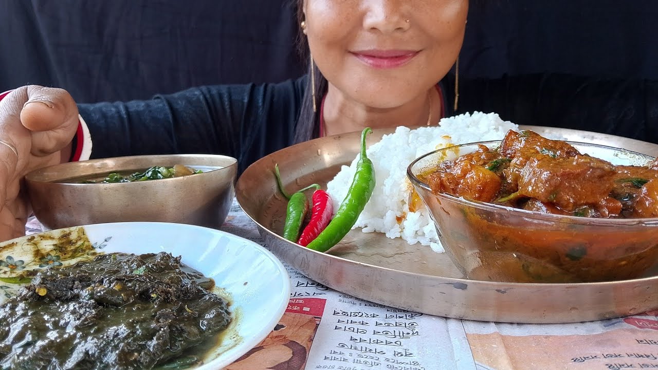 Eating spicy pork fry🌶️ fermented dry fish chutney,boil lapa curry😋 ...