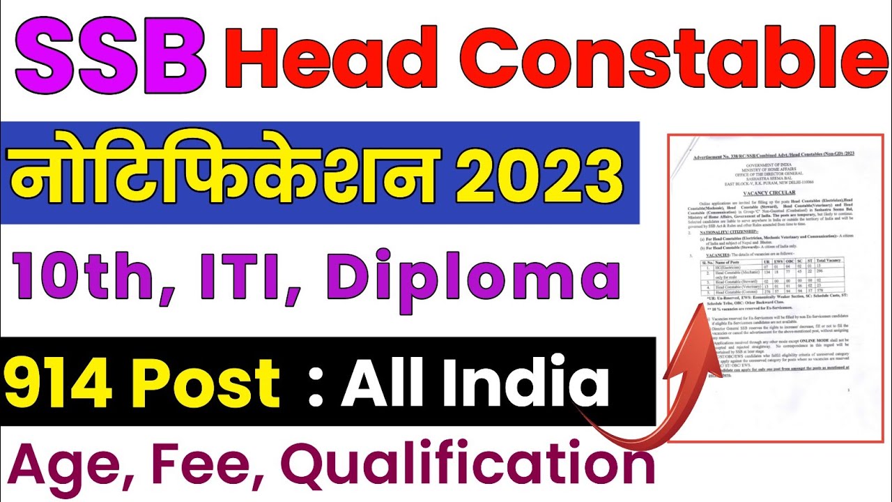 SSB Head Constable || Notification 2023 || 914 : All India Vacancy ...