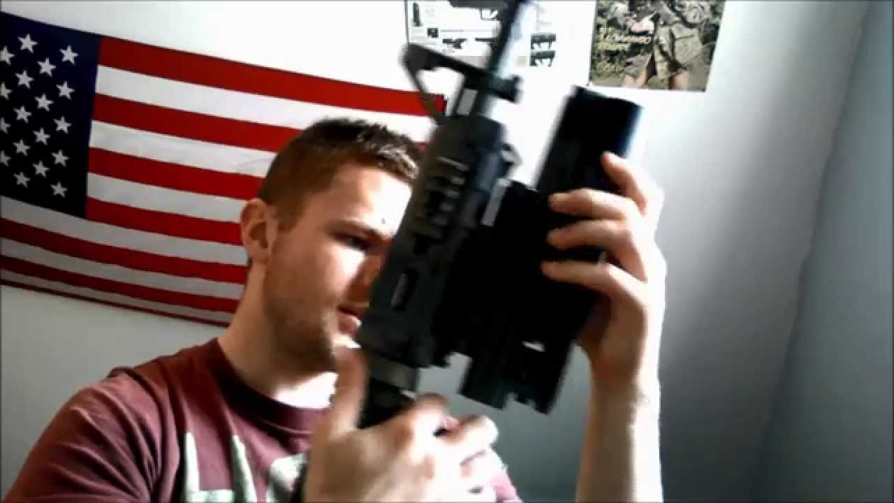 Airsoft review, XM203 40mm grenade launcher long type - YouTube