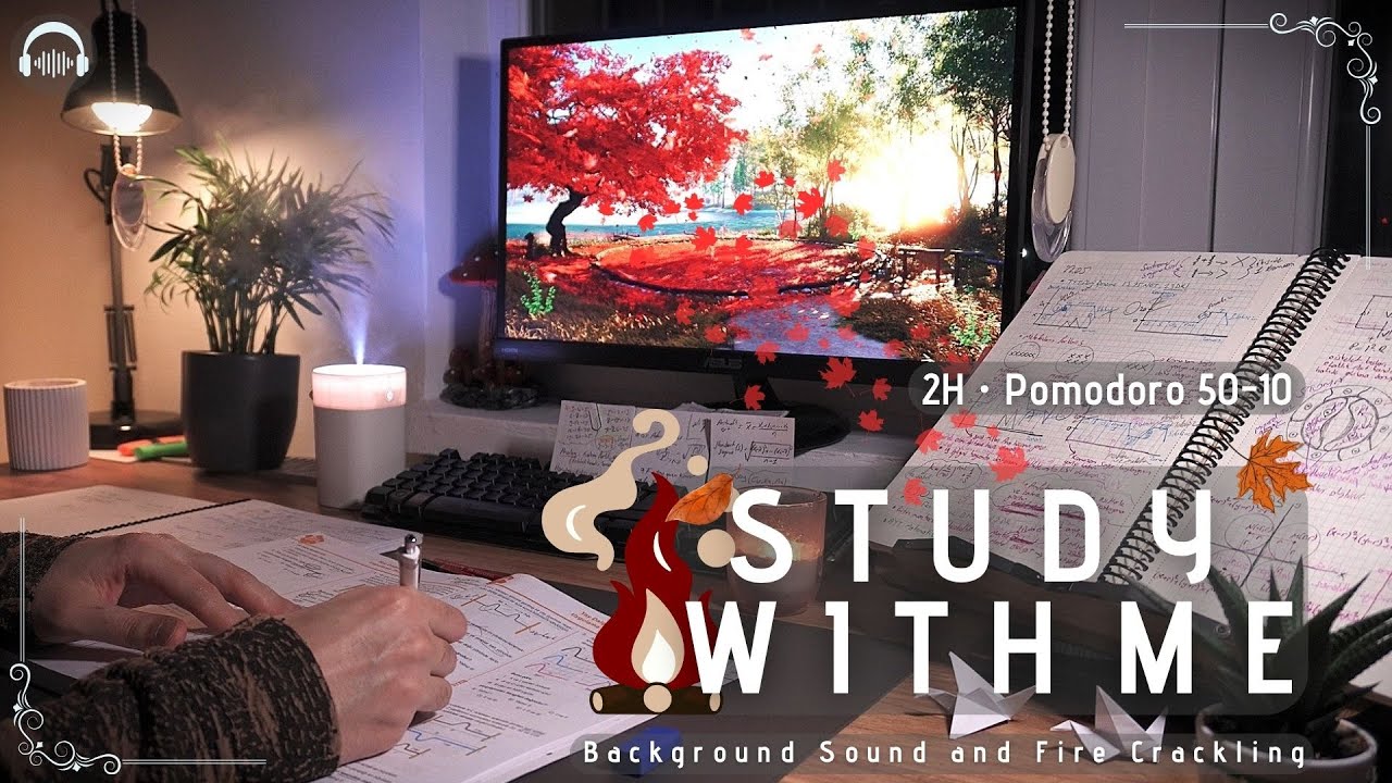 2 Hour Study With Me | Pomodoro 50-10 🔥 Fire Crackling Ambience | Late ...