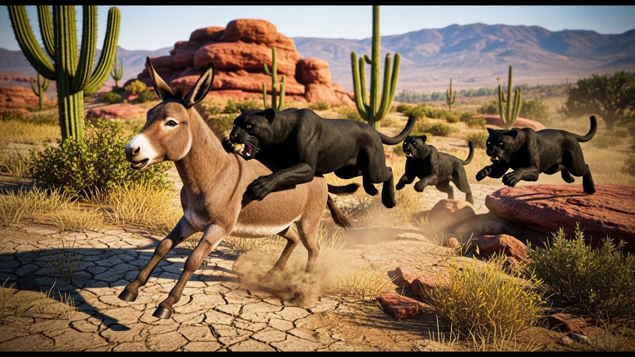 Five Black Cougars Chasing a Donkey in The Scorching Desert - YouTube