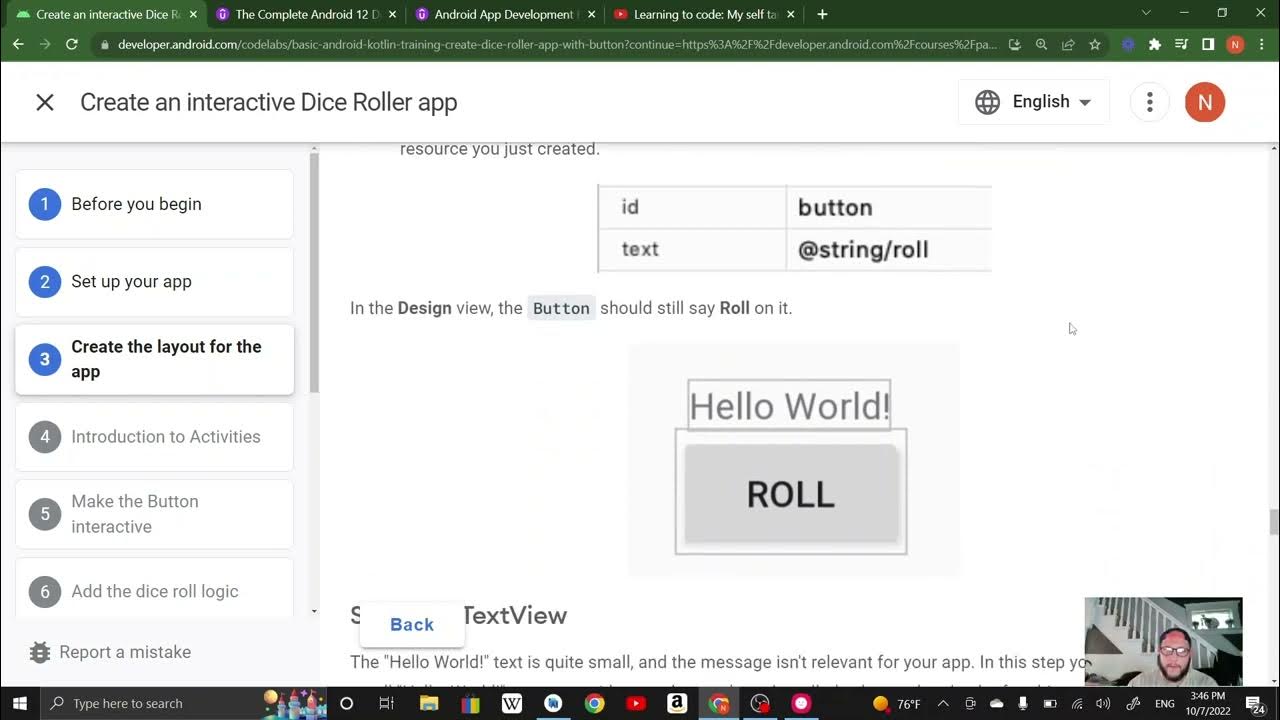 Create an interactive dice roller app, basics in kotlin unt 1 pathway 4 lesson 3 - YouTube
