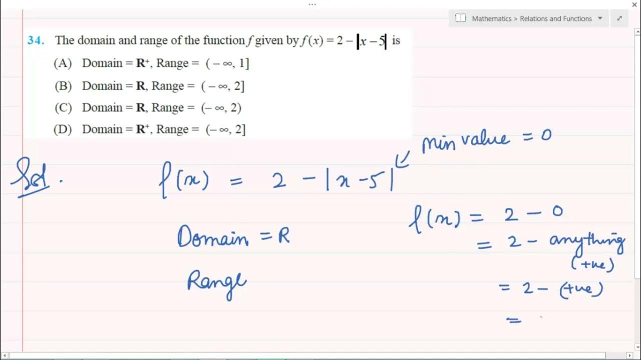 The domain and range of the function f given by f (x) = 2 – |x −5| is - YouTube