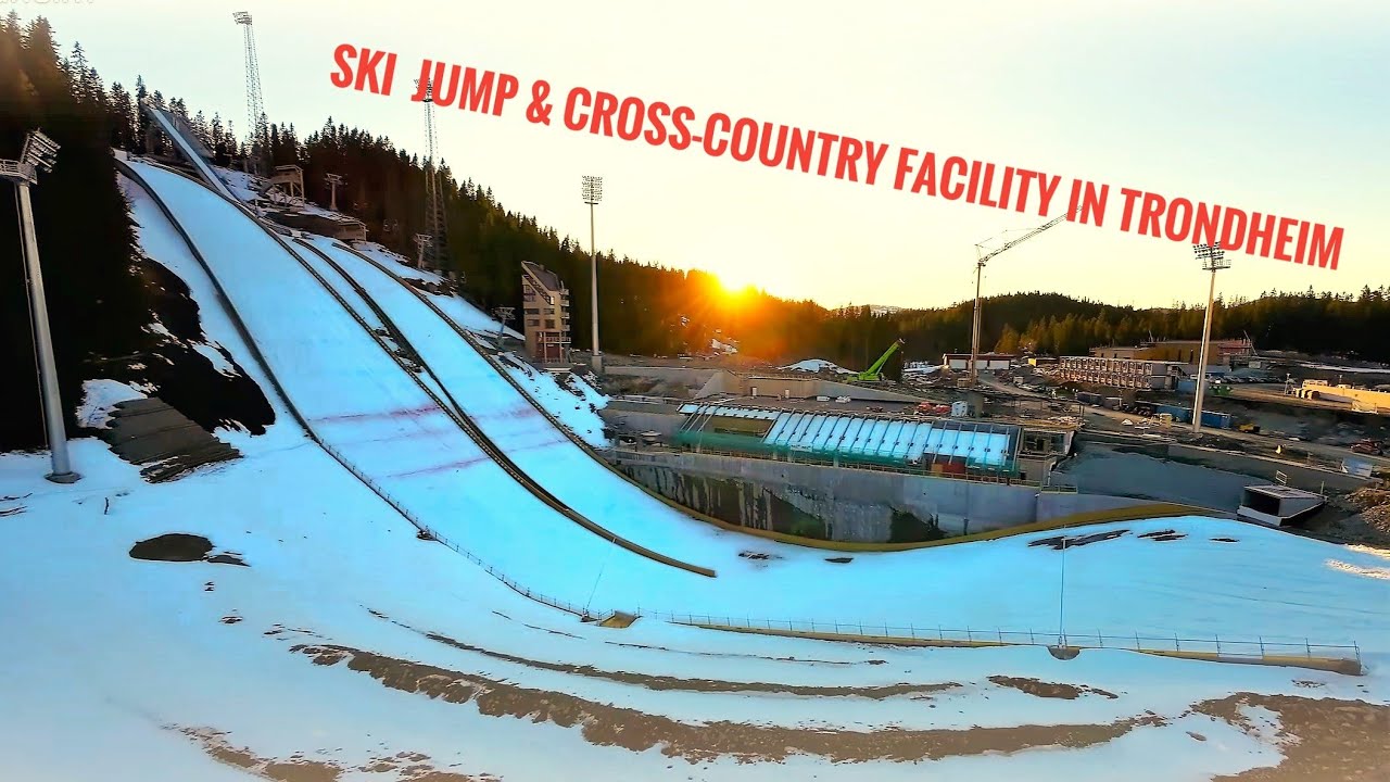 Ski jumps and cross-country skiing stadium in Trondheim from drone ...