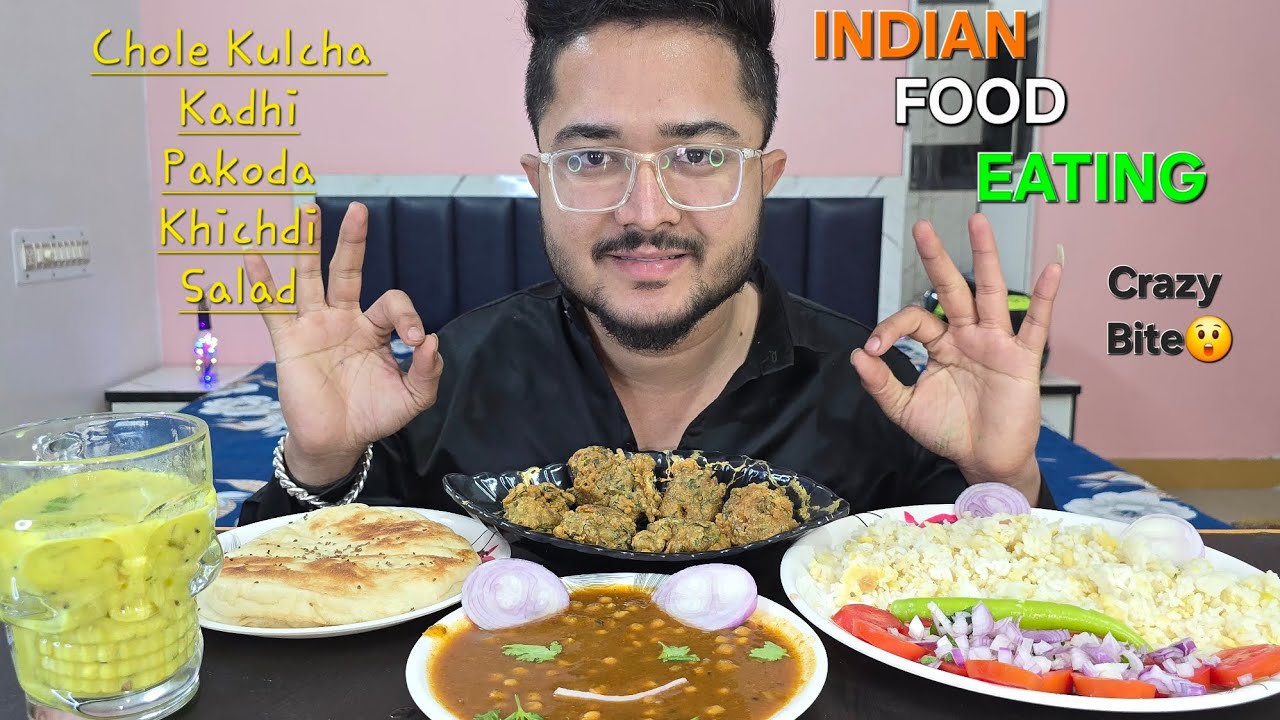 Indian Food Eating | Chole Kulcha, Kadhi, Pakoda, Khichdi, Salad | Crazy Bite #food #eating ...