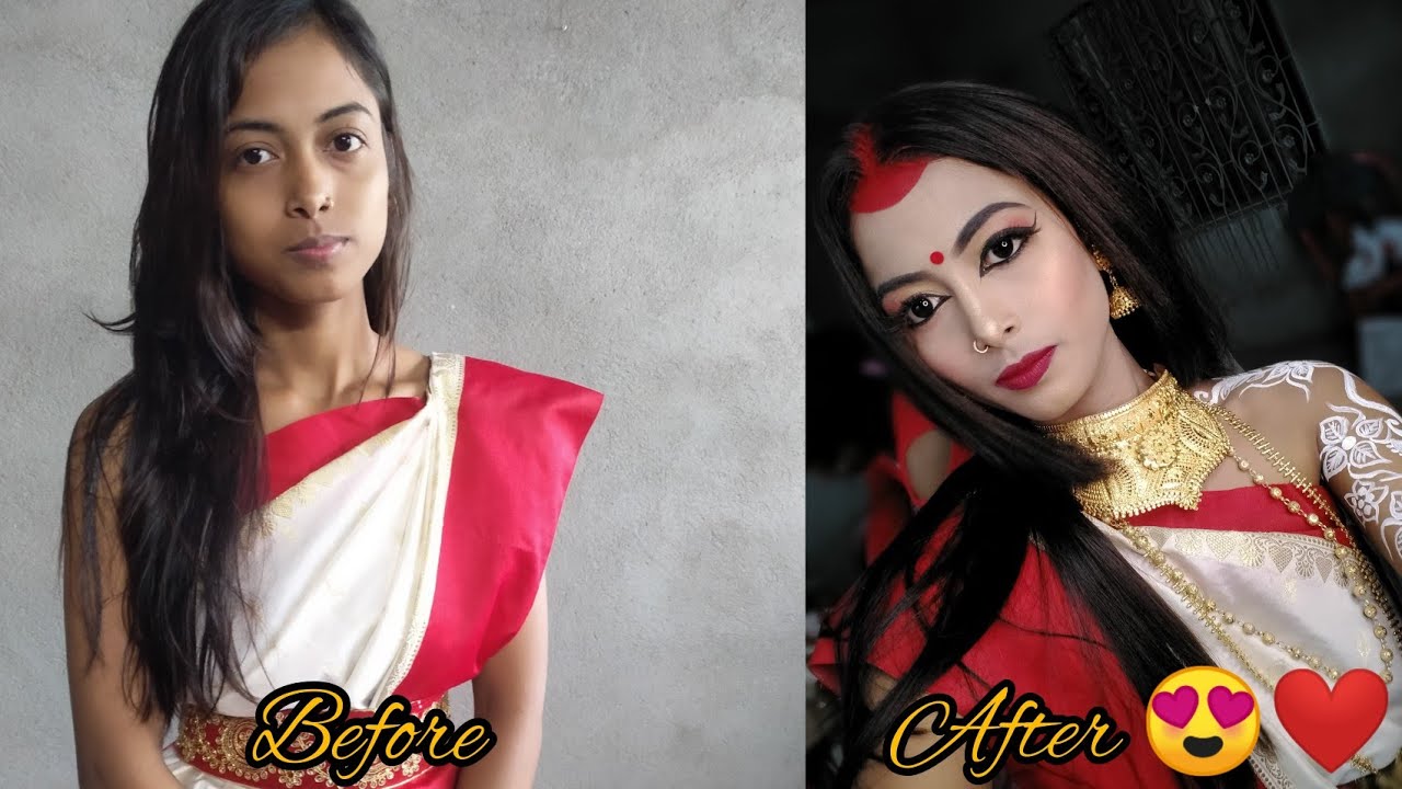 আগমনী || agomoni makeup video || makeover by me || model by Priyanka ...