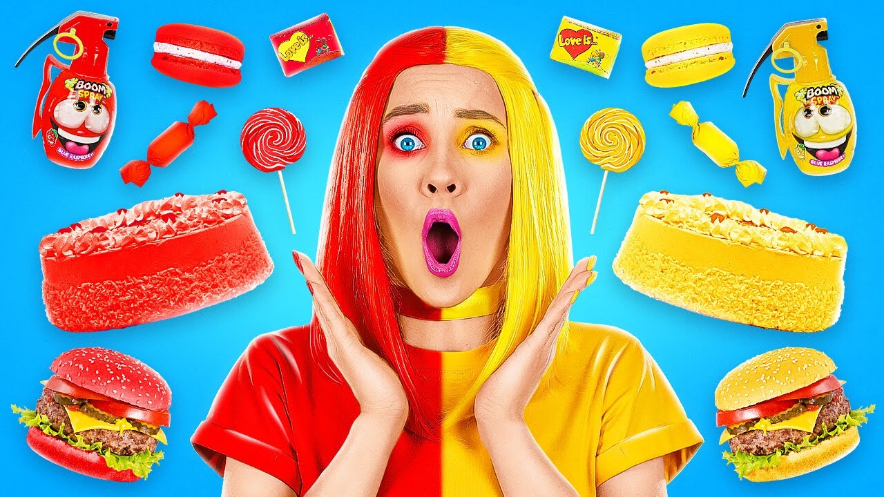 One color Challenge! Pink VS Green, Purple VS Yellow. Eating Only One ...