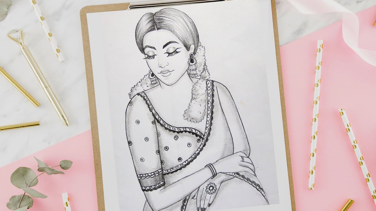 How to Draw a Beautiful Traditional Women Very Easy | Girl Drawing ...