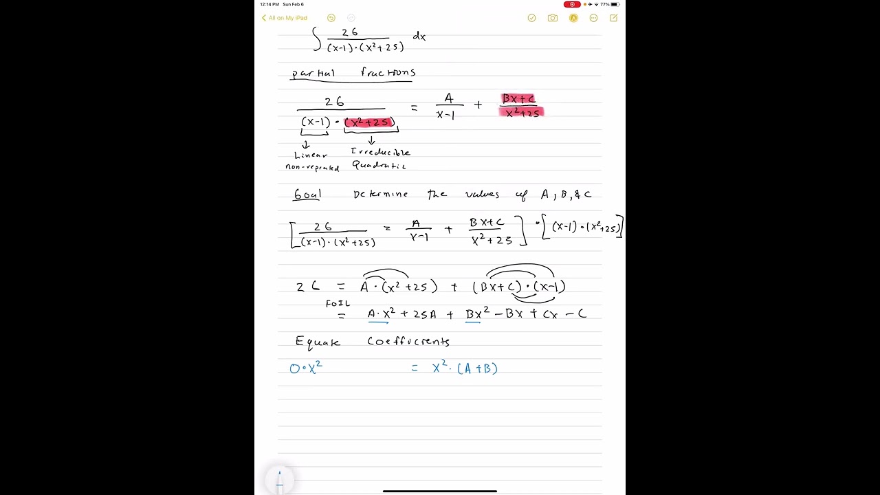 Irreducible quadratic partial fractions - YouTube