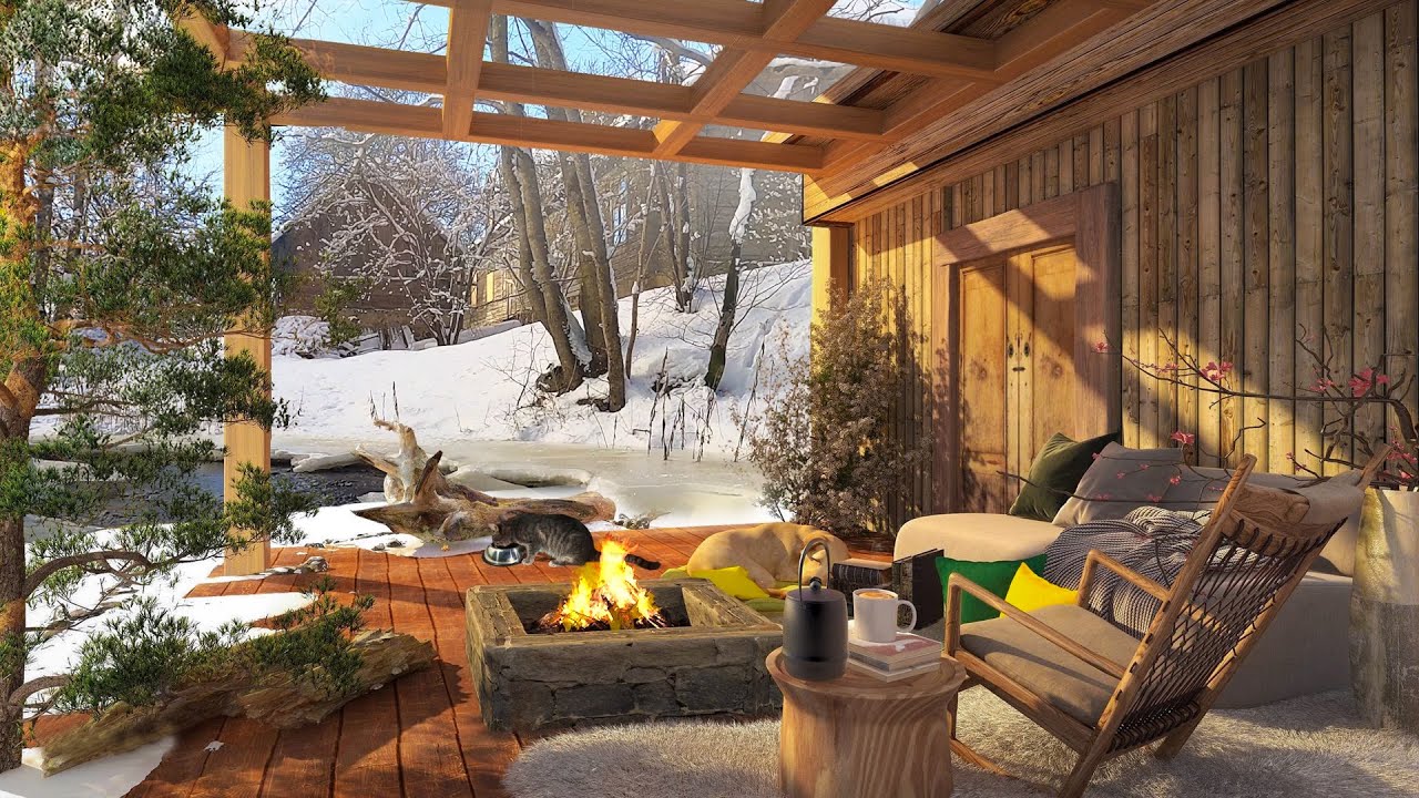 Winter Terrace with Cozy Outdoor Fireplace Ambience and Relaxing Sounds ...