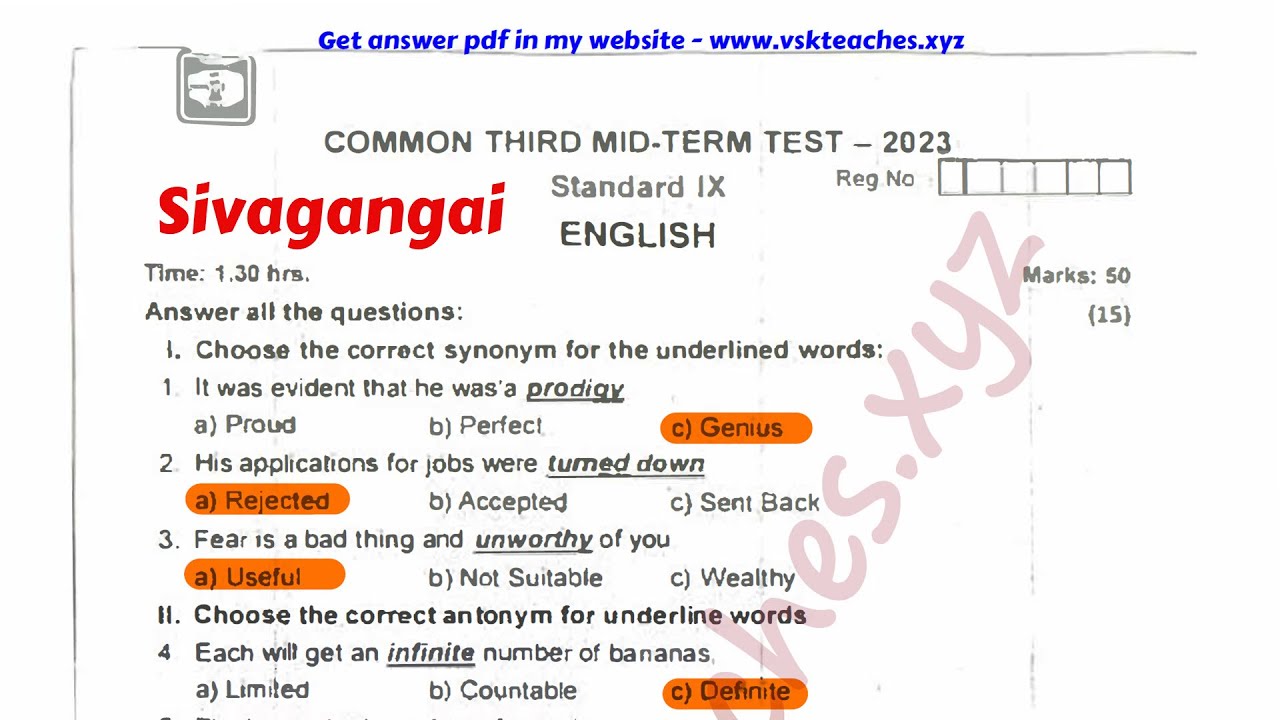 9th std English 3rd mid-term 2023 original question paper with answer ...
