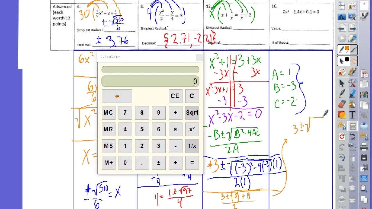 12-1 to 12-4 assessment advanced quadratic formula and descriminate ...