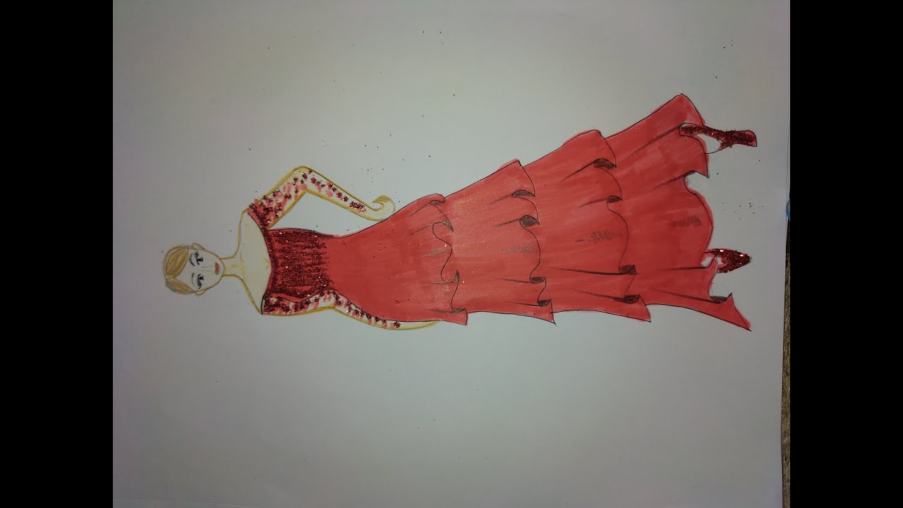 a red beautiful dress drawing illustration - YouTube
