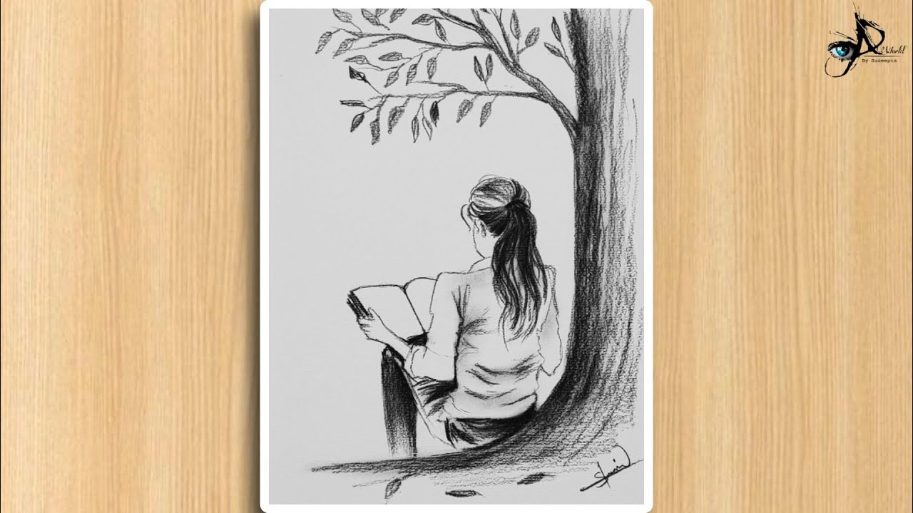 How to draw Girl sitting near a tree and studying || step by step draw ...