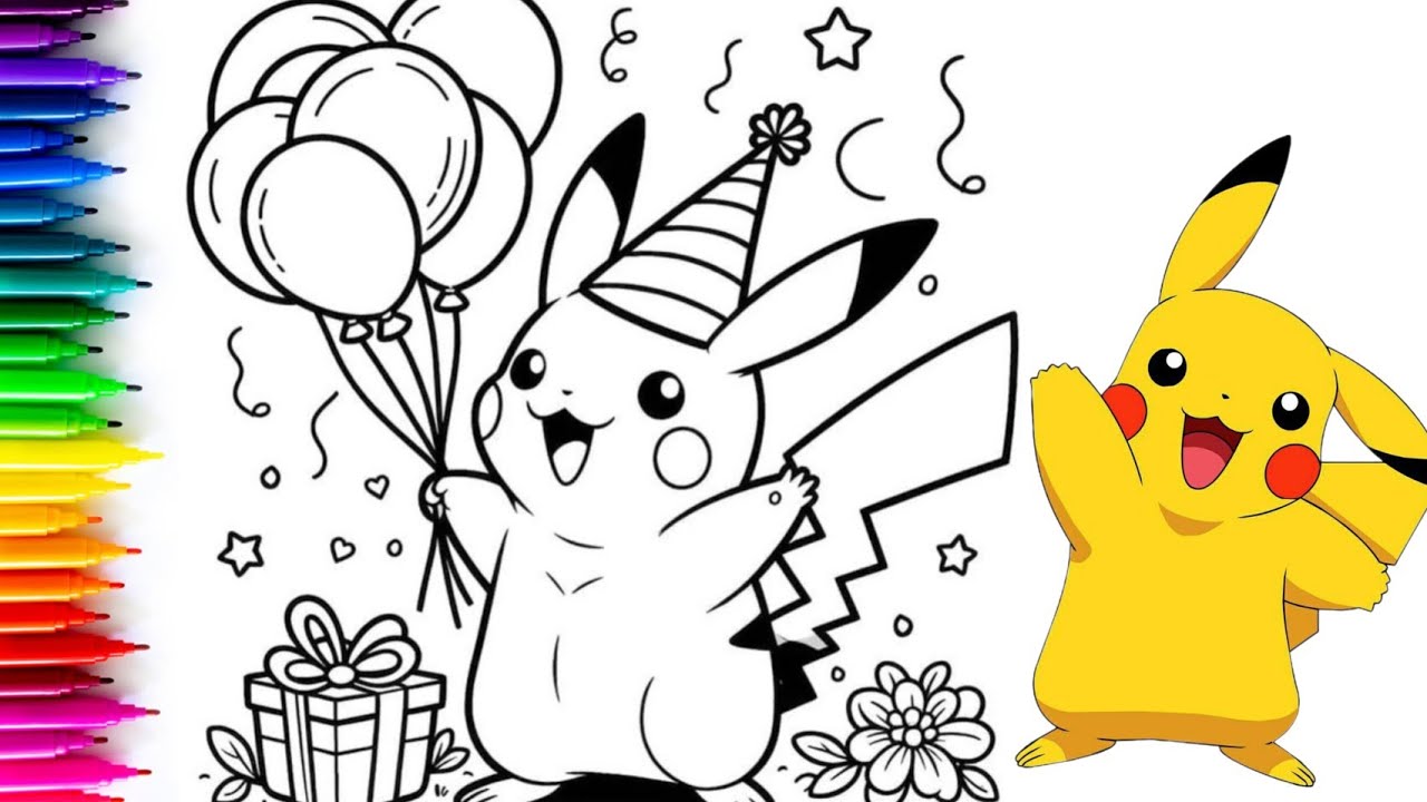 Pikachu at a birthday party drawing and coloring for kids and toddlers ...