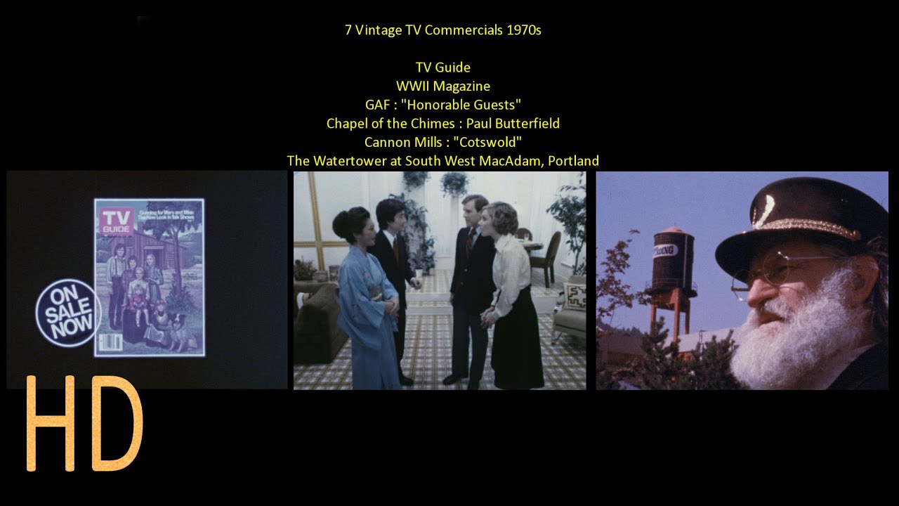 7 Vintage Commercials TV Guide WKRP WWII GAF Cannon Mills Water Tower ...