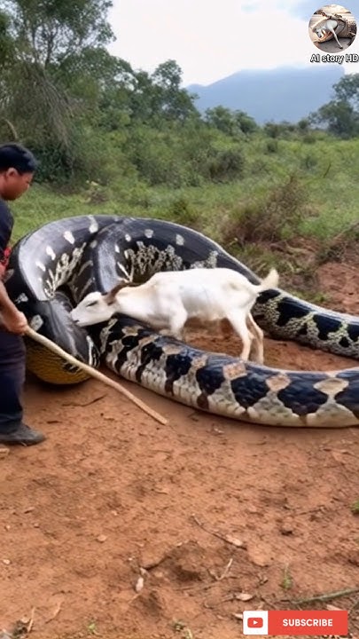 Giant python try to attack a goat, a man try to rescue a goat from ...