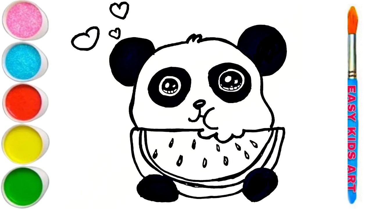 How to Draw a Panda Eating Watermelon 🍉 🐼 Summer Art Painting for Kids ...