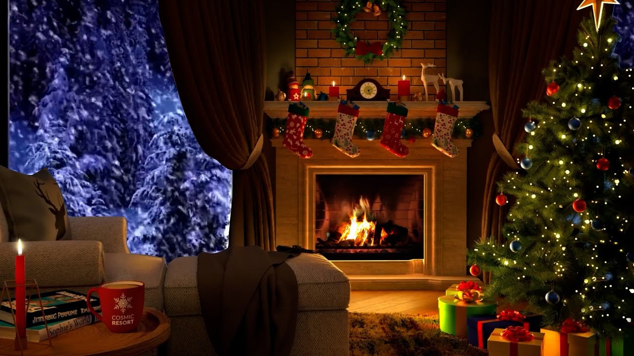 Snowfall winter night in cozy christmas ambience with relaxing - YouTube