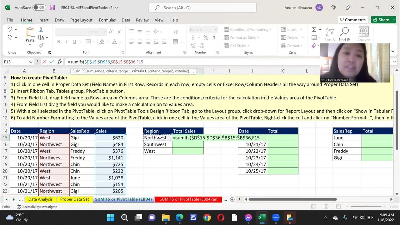 PivotTable & SUMIFS function Excel Basics - YouTube