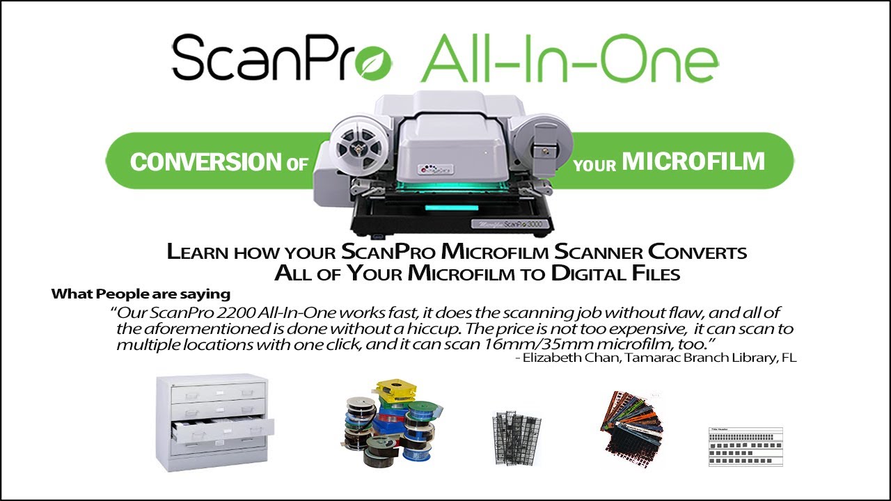 Conversion scanning of 16mm and 35mm rollfilm, fiche, jacketed fiche ...