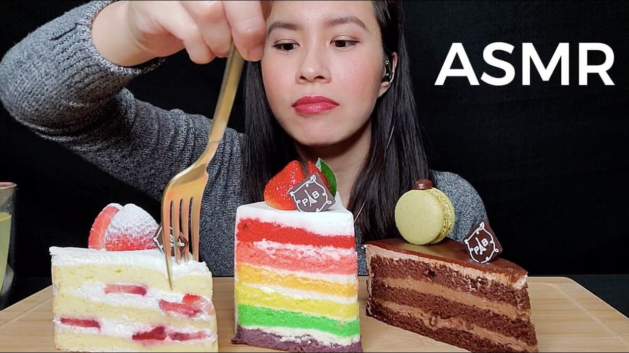 ASMR STRAWBERRY, RAINBOW, AND GANACHE CREAM CAKES MUKBANG (No Talking ...