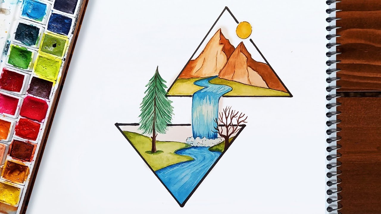 Draw a beautiful landscape in a triangle | nature landscape drawing ...