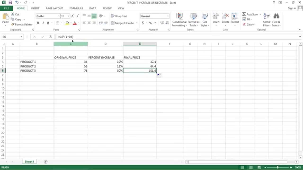 Excel 2013 Tutorial - How to apply Percent Increase or Decrease - YouTube