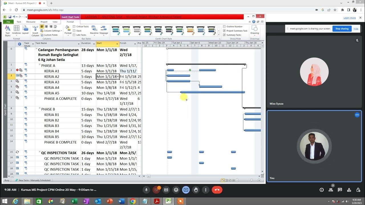 MS Project Tutorial Bahasa Melayu - Split Task (Kursus Sijil MS Project CPM) - YouTube