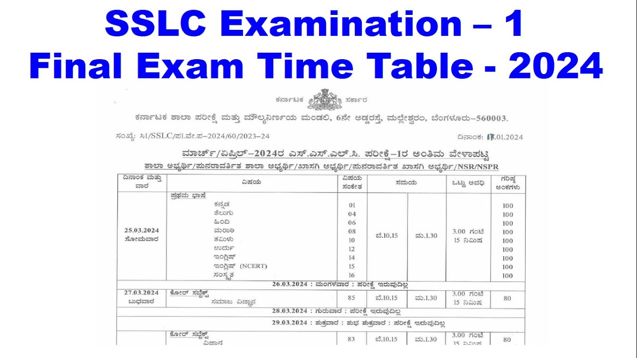 SSLC Examination -1 Final Time Table - Mar/April - 2024 :ಎಸ್‌.ಎಸ್‌.ಎಲ್ ...