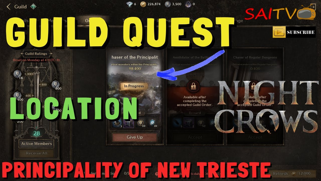 NIGHT CROWS GUILD QUEST DEFEAT MONSTER WITHIN THE PRINCIPALITY OF NEW TRIESTE LOCATION - YouTube