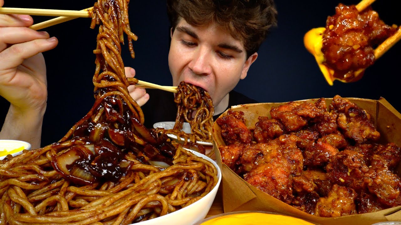 ASMR MUKBANG GIANT BLACK BEAN NOODLES & SO MUCH FRIED CHICKEN | WITH ...