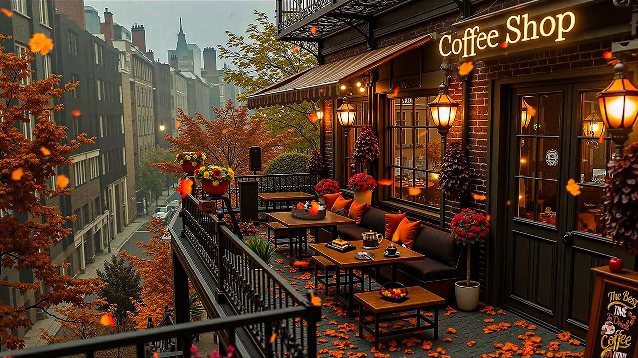 Sweet Autumn Jazz Tunes for Unwind 🍂 Rooftop Cafe Shop Fall Ambience ...