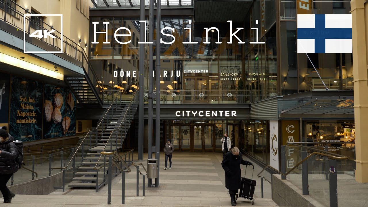 Helsinki, Finland 4k city center walk. Cloudy winter pov day tour ...