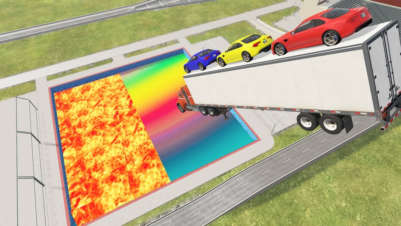 Cars vs Rainbow & Lava Pools Fire Truck, Police Car, Monster Truck ...