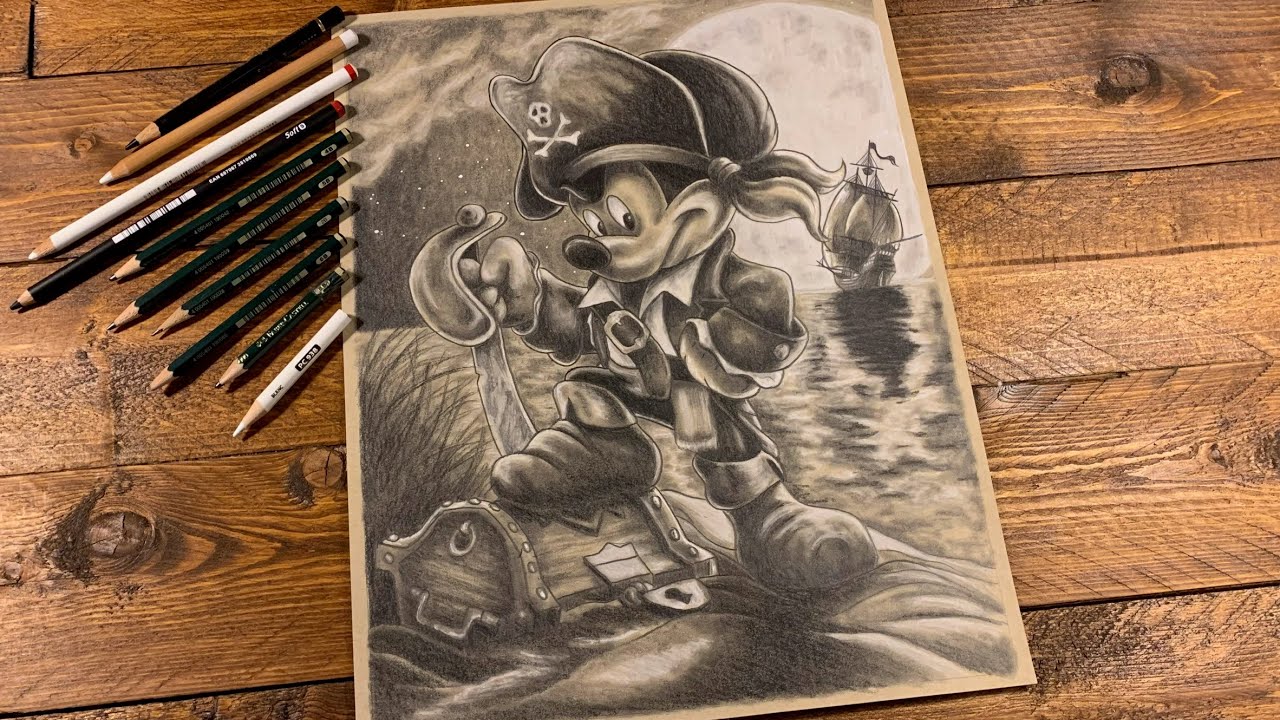Drawing Pirate Mickey Pirates of the Caribbean Disney Charcoal Drawing ...