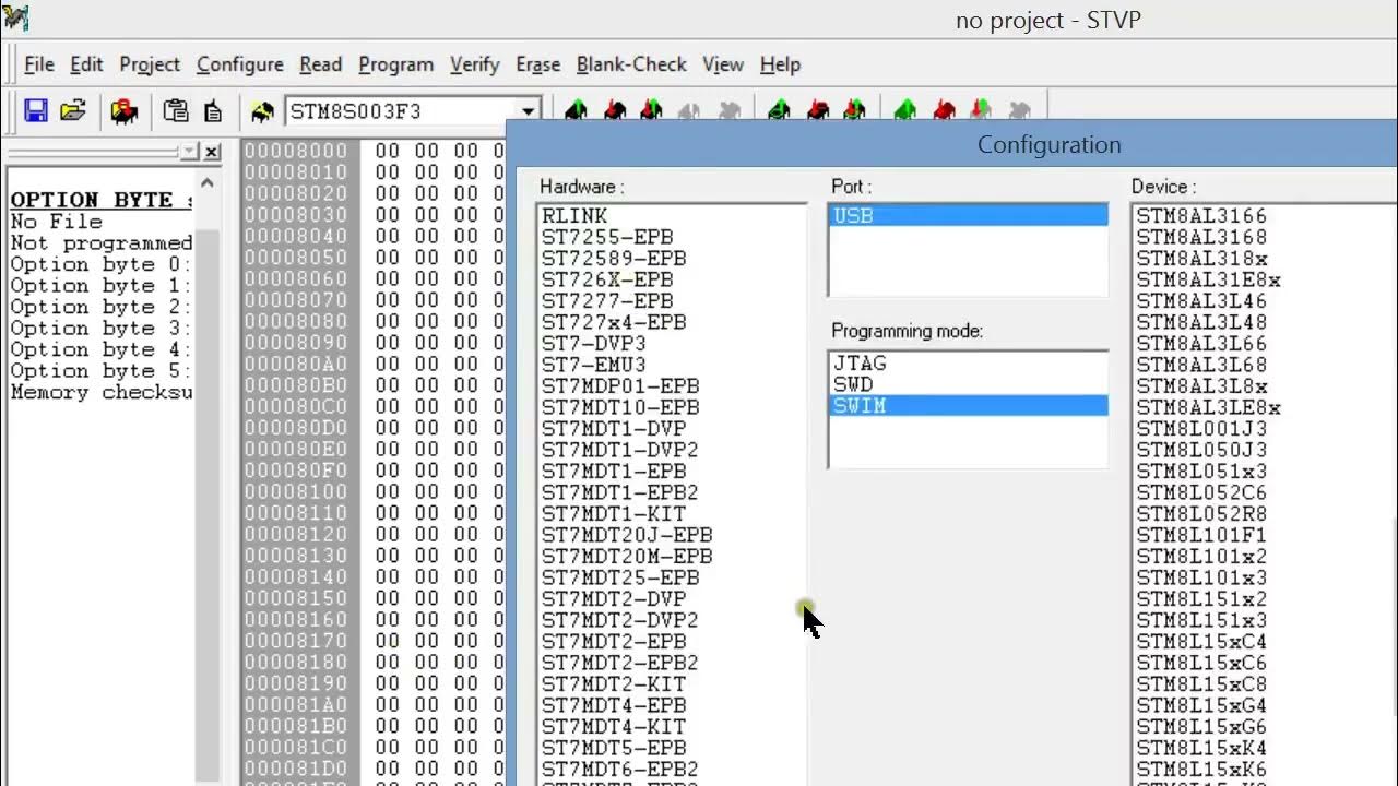 how to burn hex file to stm8s003f3p6 microcontroller using stvp software and stlink v2 - YouTube