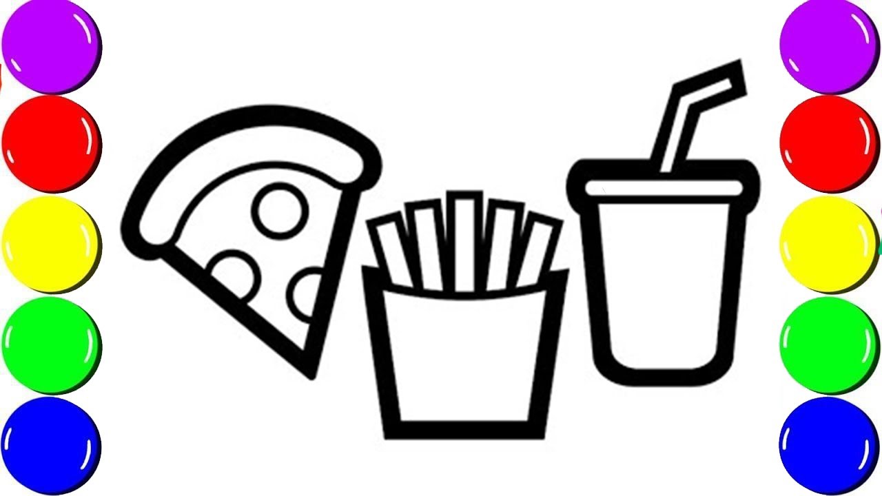 Menggambar dan Mewarnai Burger, Sepotong Pizza, Kentang Goreng dan Cola ...