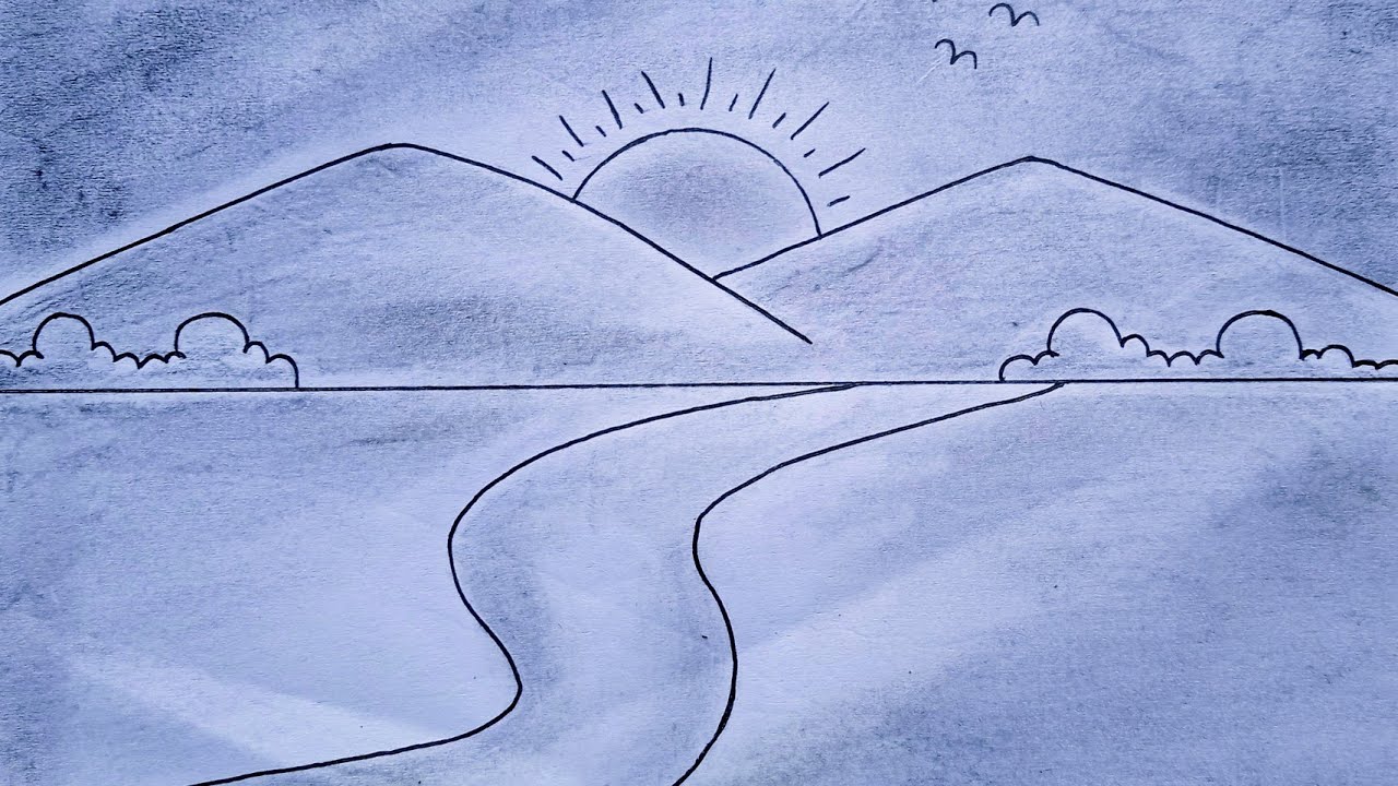 How To Draw Simple Sunset Scenery // Easy Mountain Scenery Drawing ...