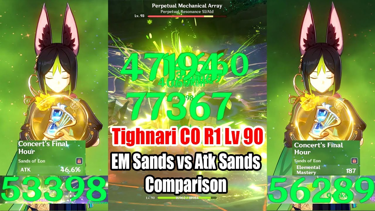 Tighnari C0 R1 Lv 90 100k Charged Atk Per 2s - EM Sands vs Atk Sands ...