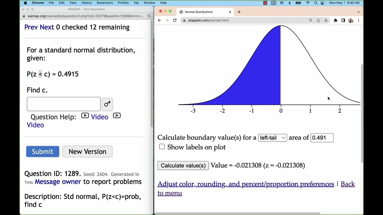 Find a Value Corresponding to an Area Under the Standard Normal Curve Using Stapplet - YouTube