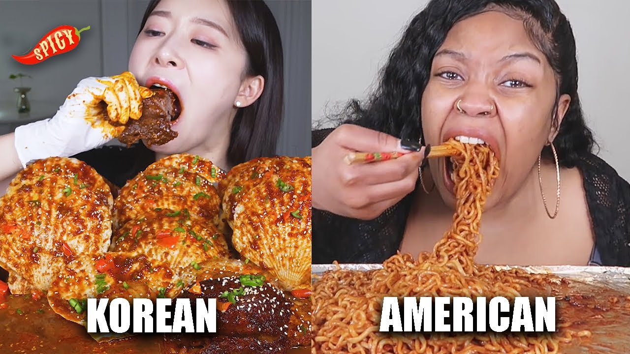 KOREAN VS AMERICAN spicy mukbangs! - YouTube