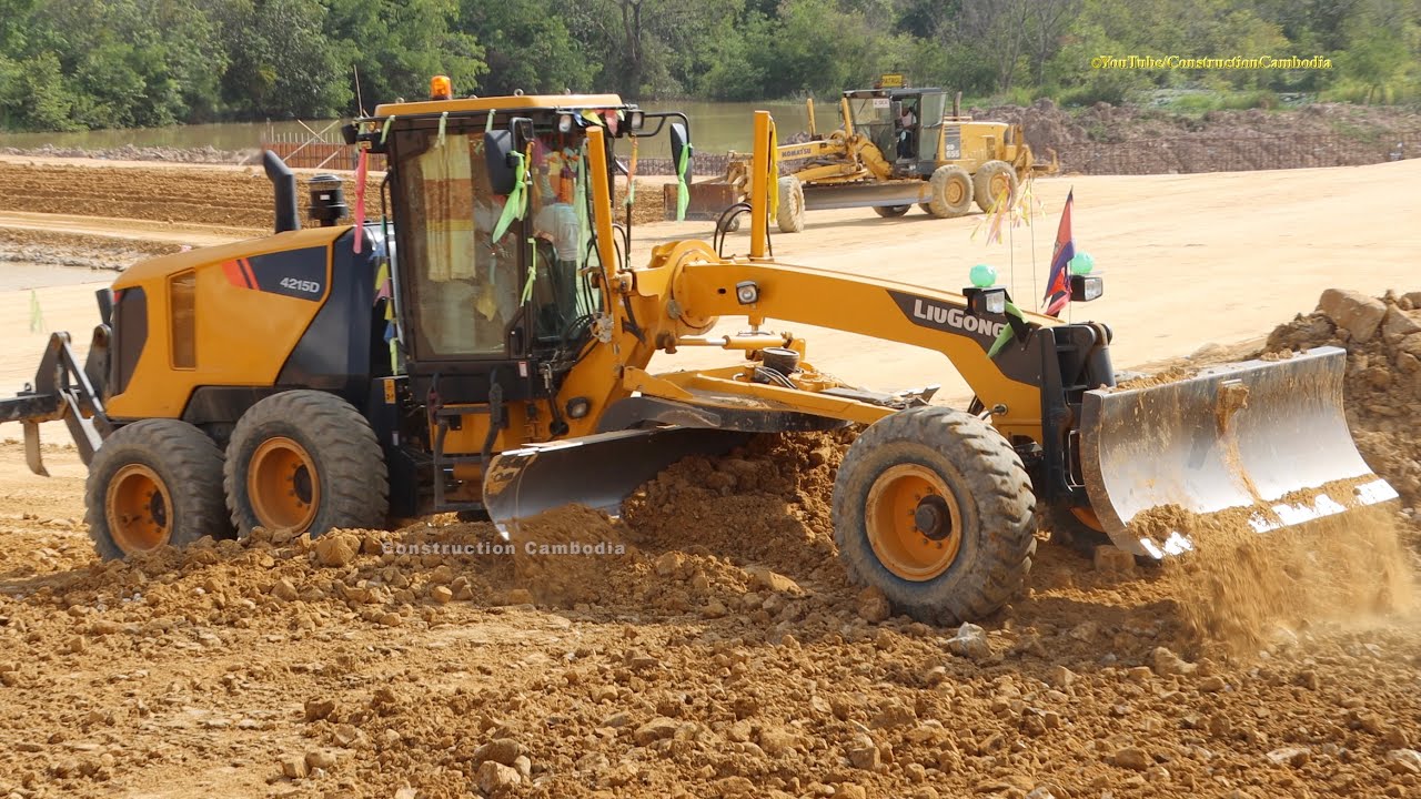 Road Construction Equipment Working - Motor Grader Roller Bulldozer ...