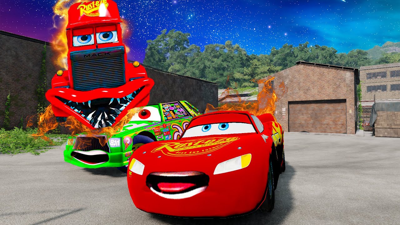 Lightning Mcqueen and Chick Hicks vs Angry MACK TRUCK EATER Pixar Cars ...