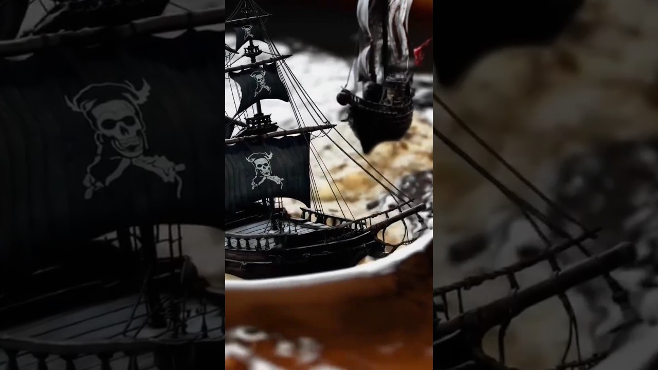 Photorealistic video of two pirate ships battling each other as they ...