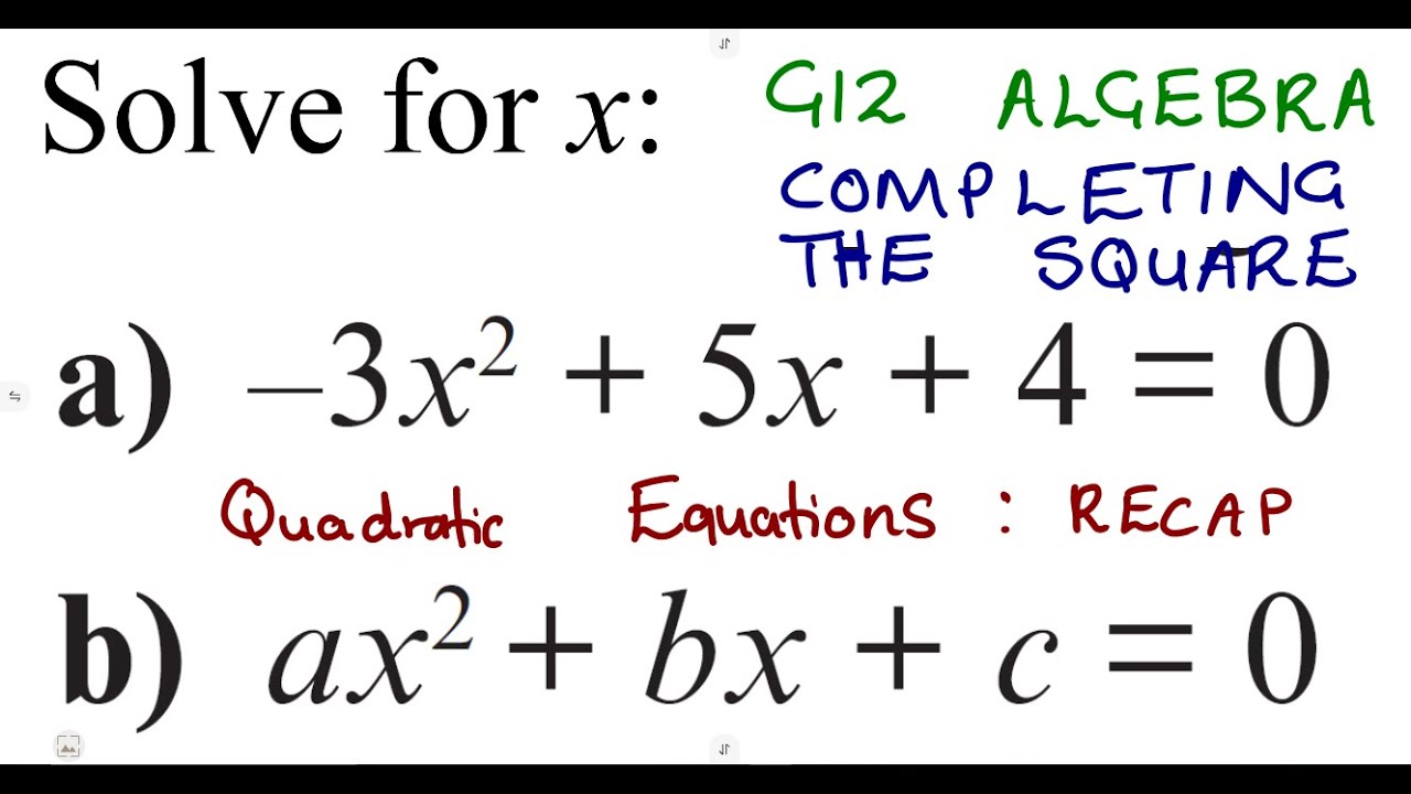 Mathematics Grade 12 Algebra - Completing the Square Method - Equations ...