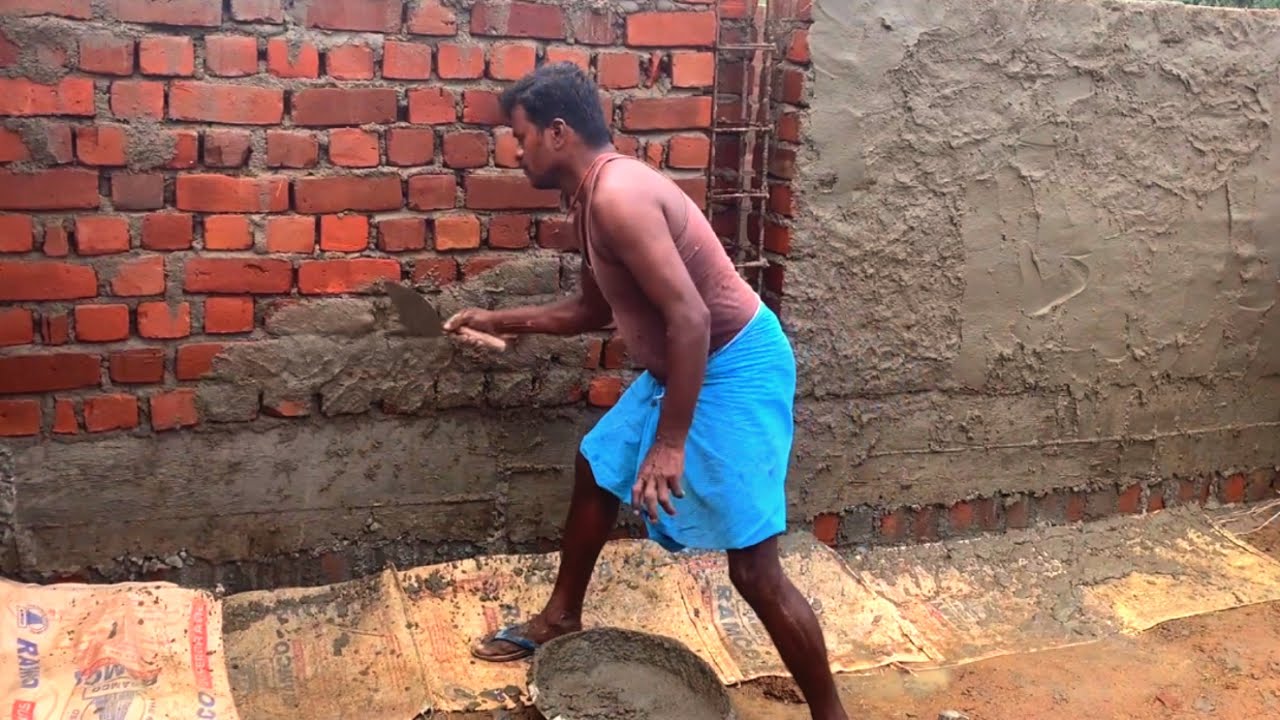 Foundation brick wall inside rough plastering fast work - YouTube